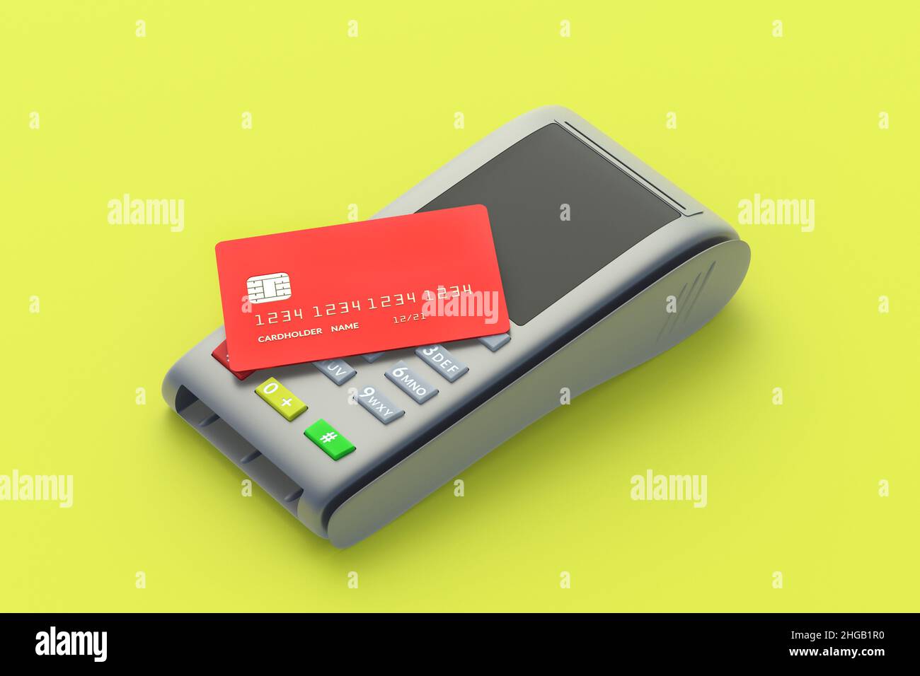 Portable cash register with plastic credit card on yellow background ...