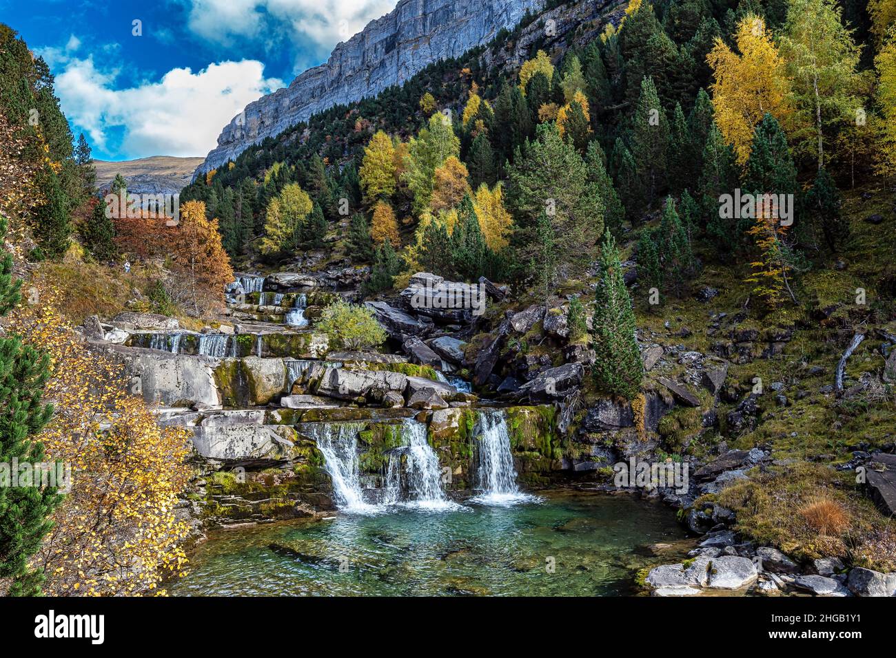 Autumn landscape view of beautiful nature in Ordesa and Monte Perdido ...