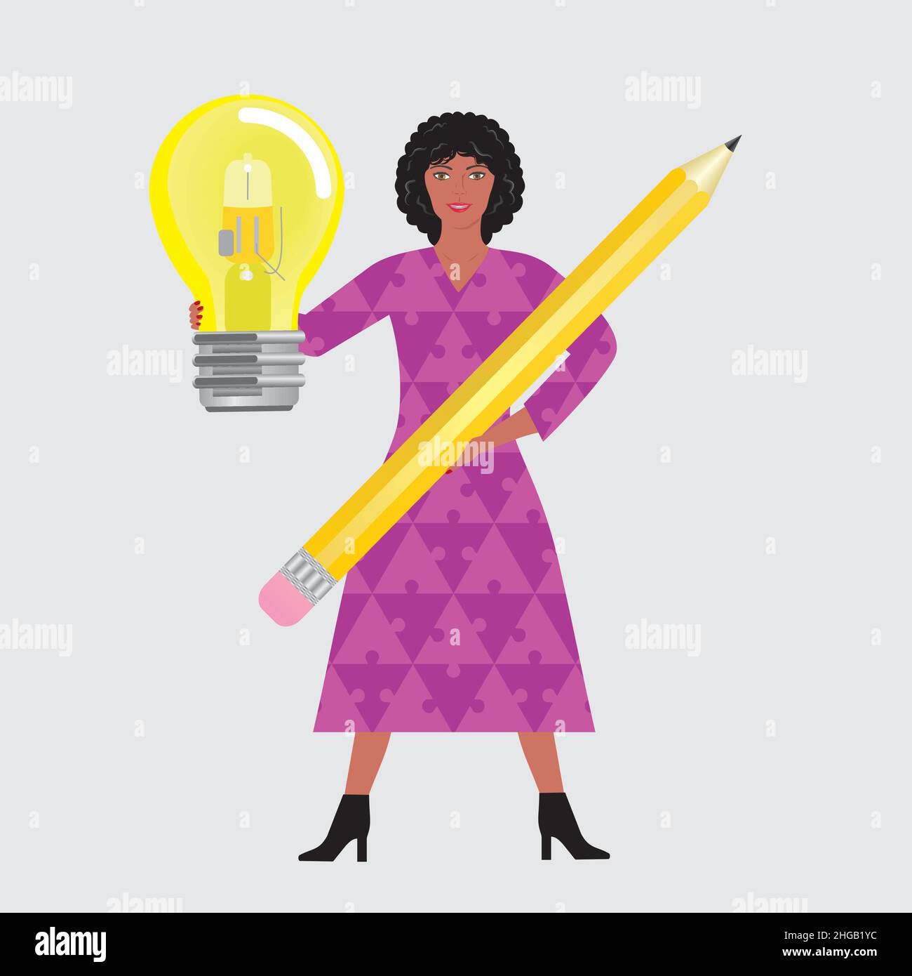 Woman with light bulb and pen. Vector illustration. Isolated on white ...