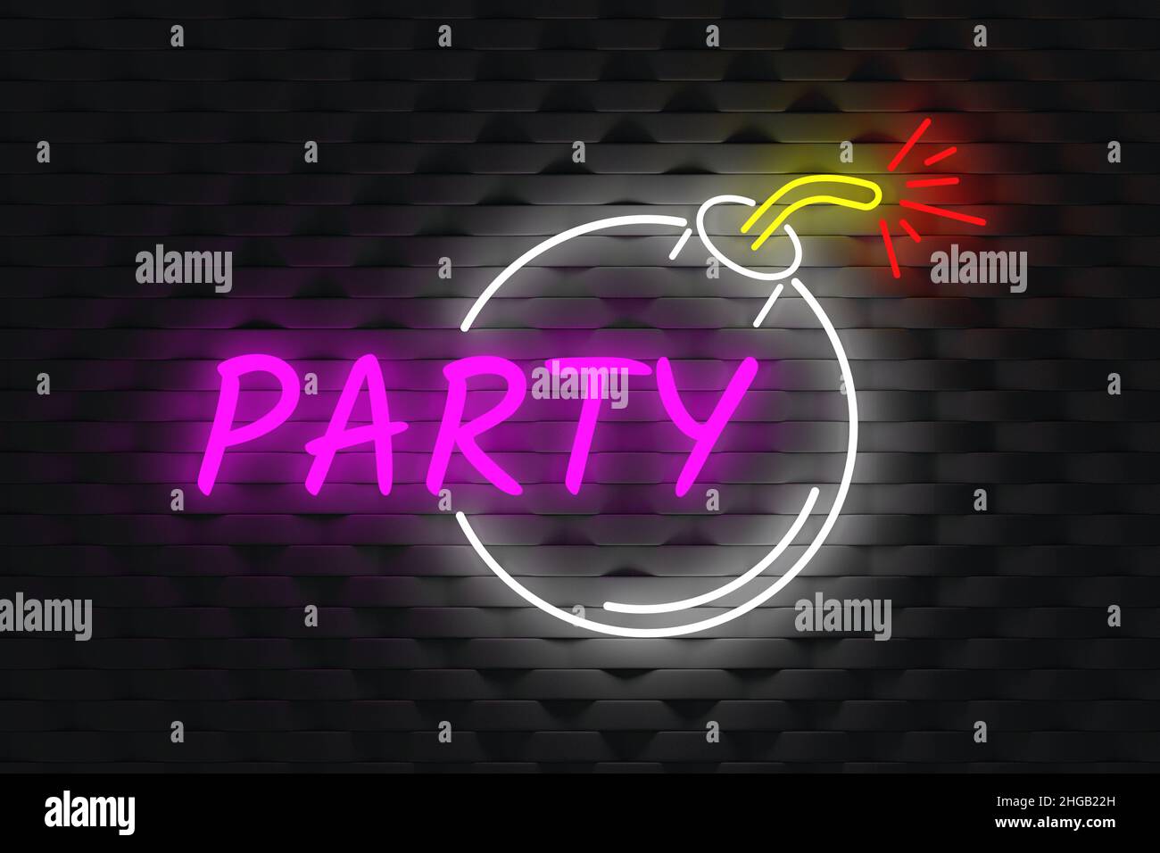 Glowing icon of bomb with word party on dark wall. 3d render Stock ...