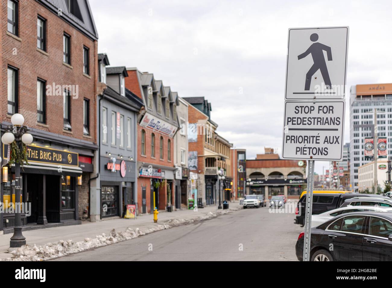 Ottawa, Canada - December 17, 2021: Stop for pedestrians sign in Byward ...