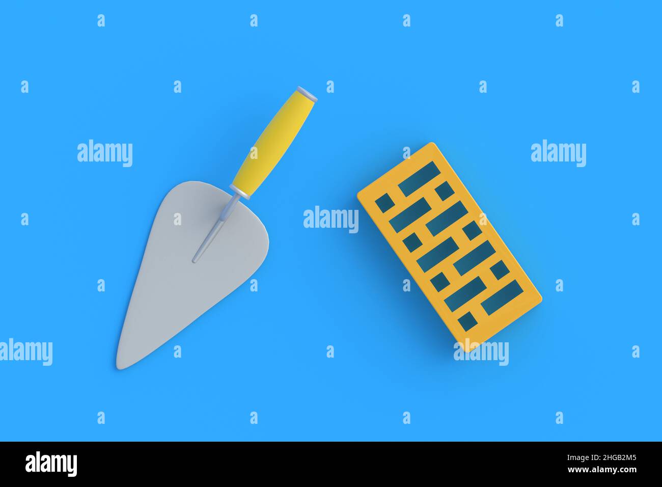 Perforated clay brick near trowel on blue background. Home repairs ...