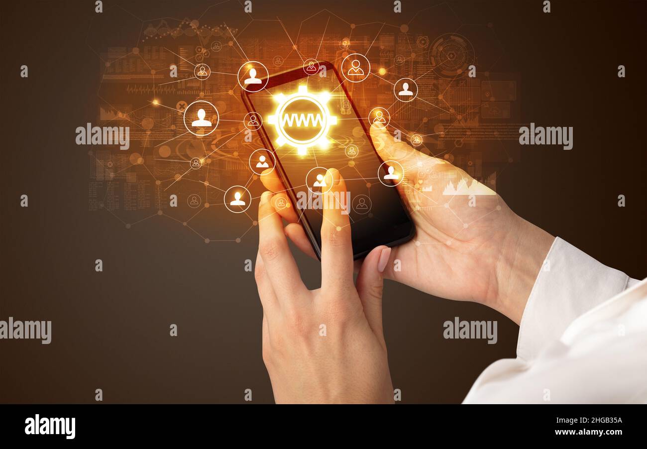 Hand using smartphone with technology concept Stock Photo - Alamy