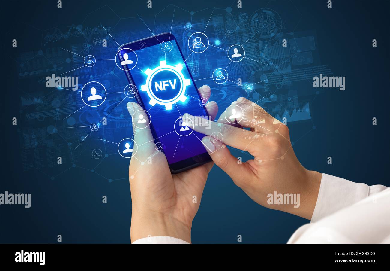 Hand using smartphone with technology concept Stock Photo - Alamy