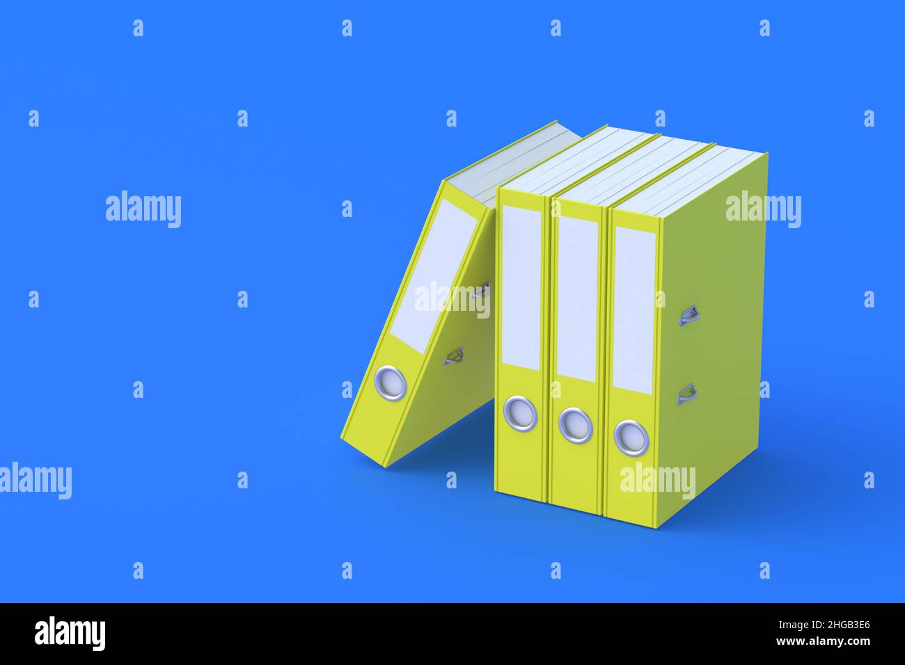 Binder file folders of yellow color on blue background. Copy space. 3d ...