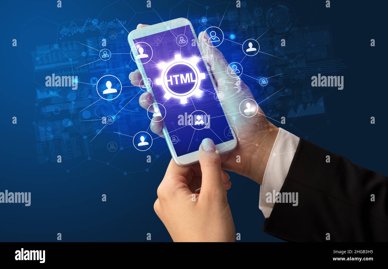 Hand using smartphone with technology concept Stock Photo - Alamy