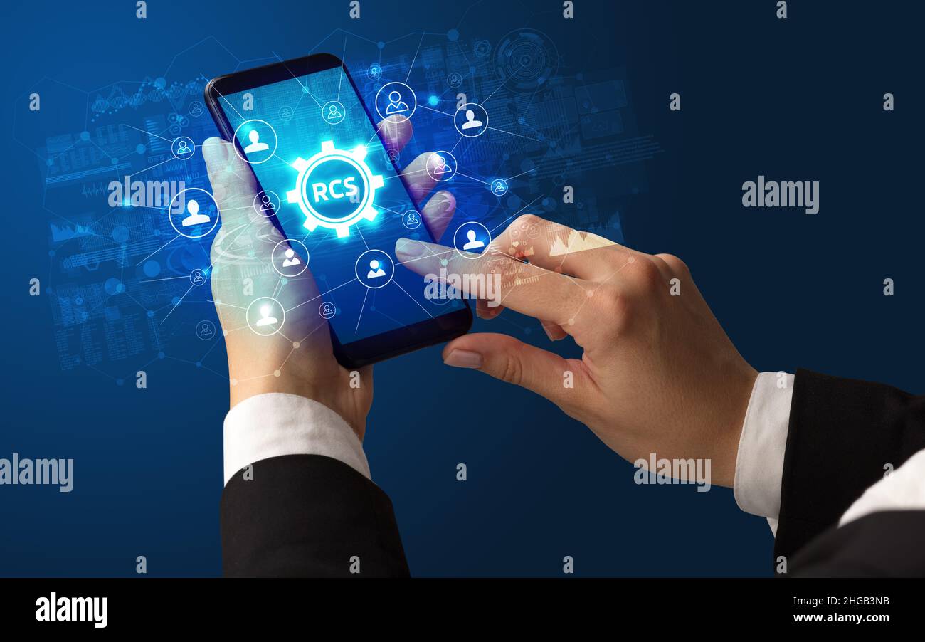 Hand using smartphone with technology concept Stock Photo - Alamy