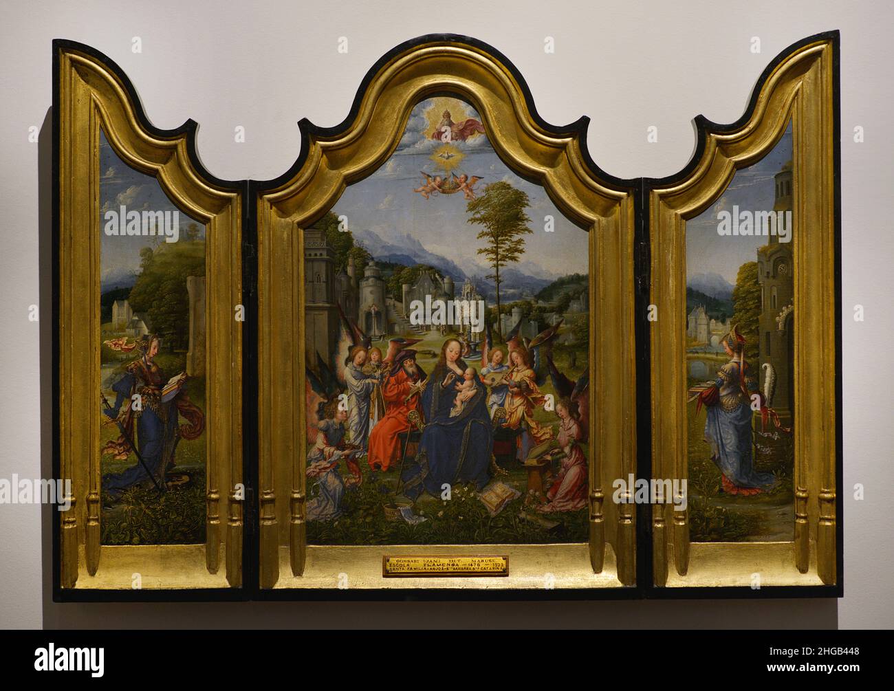 Unknown Netherlandish master. 16th century. Triptych of the Holy Family with angels, Saint ...