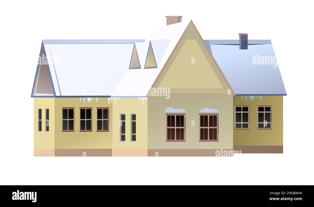 Country house. Winter season. Window. The roof is covered with snow ...