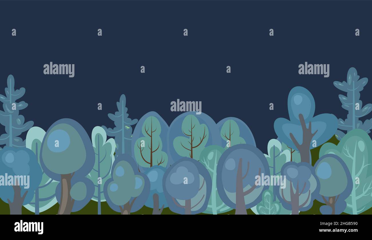 Flat forest. Night landscape with trees. Illustration in a simple ...