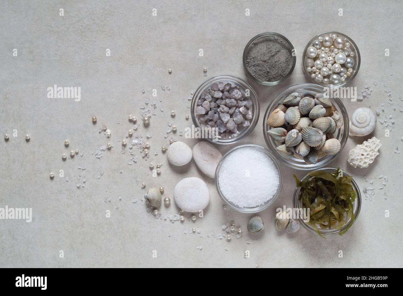 Sea minerals, salt, clay, algae and shells. Raw materials for spa ...