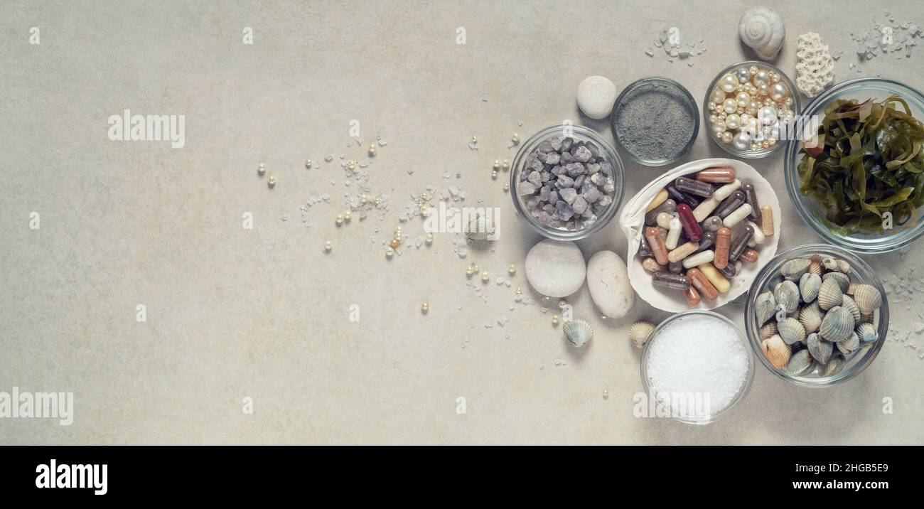 Dietary supplement from sea minerals in capsules, salt, seaweed and ...
