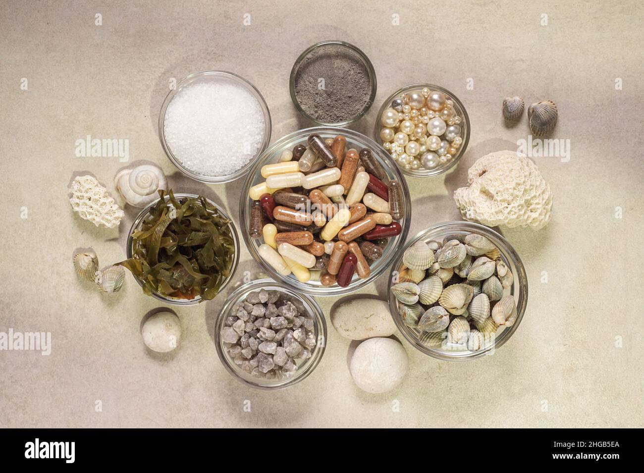 Dietary supplement from sea minerals in capsules, salt, seaweed and ...