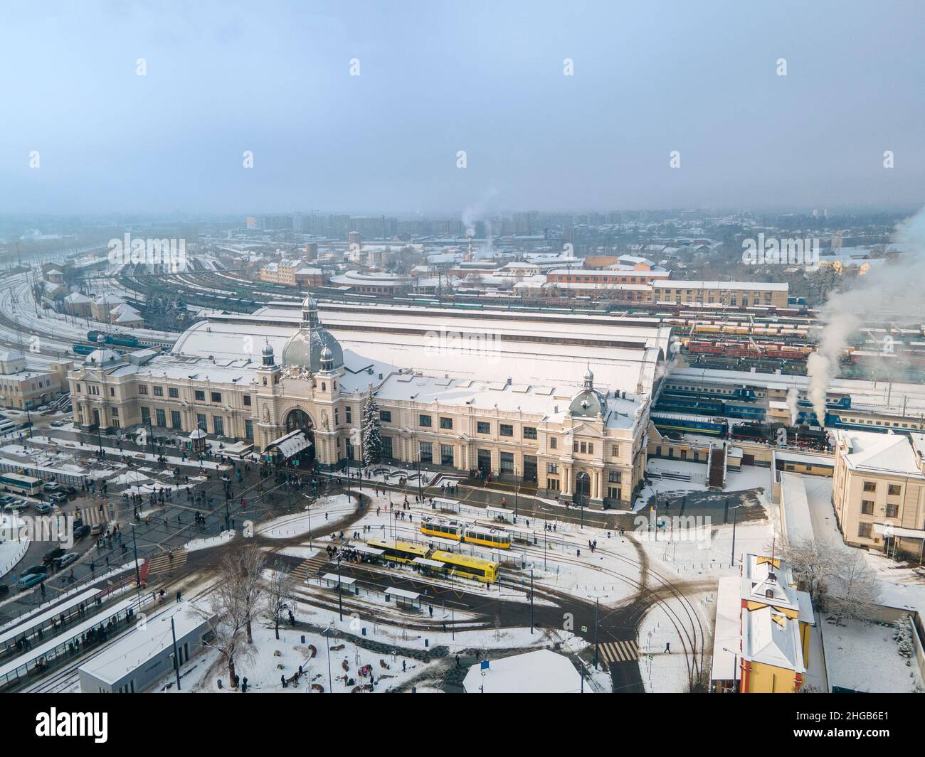 aerial view of lviv railway station at winter time transport hub Stock ...