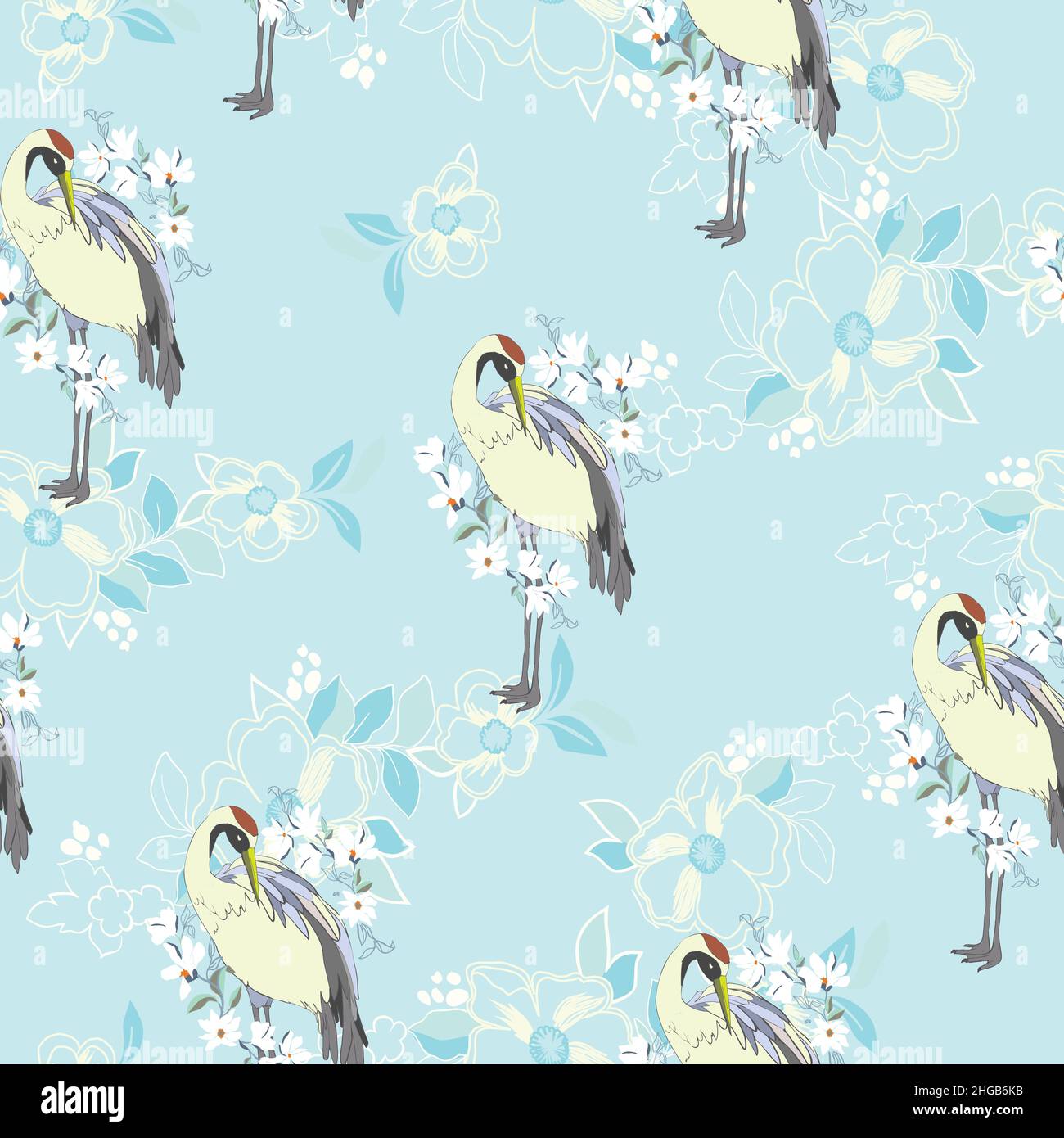 crane, pattern, vector illustration flying bird flower Stock Vector ...