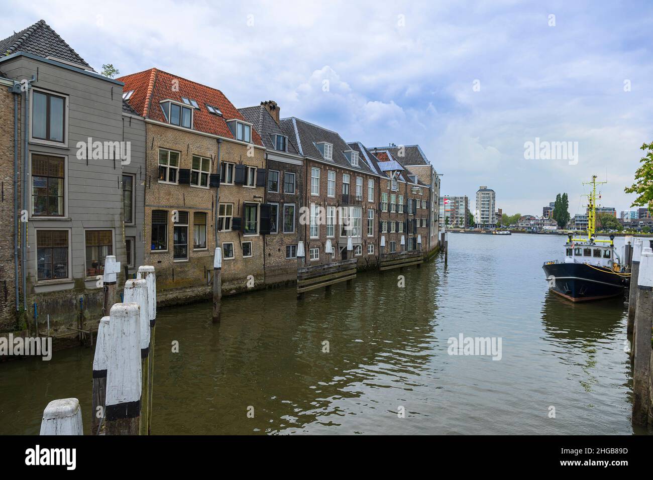 Dock and moorings on a canal in the historic city of Dordrecht in the ...
