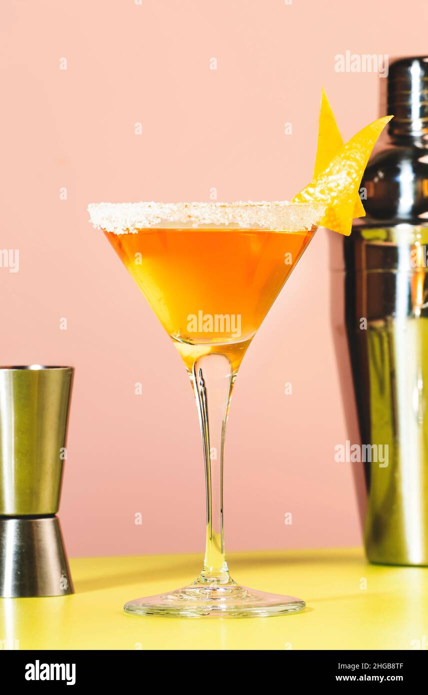 Sidecar alcoholic cocktail with cognac, liqueur, lemon juice and ice ...