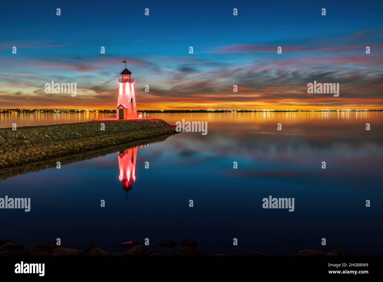 Sunset beautiful landscape of the Lake Hefner lighthouse at Oklahoma ...