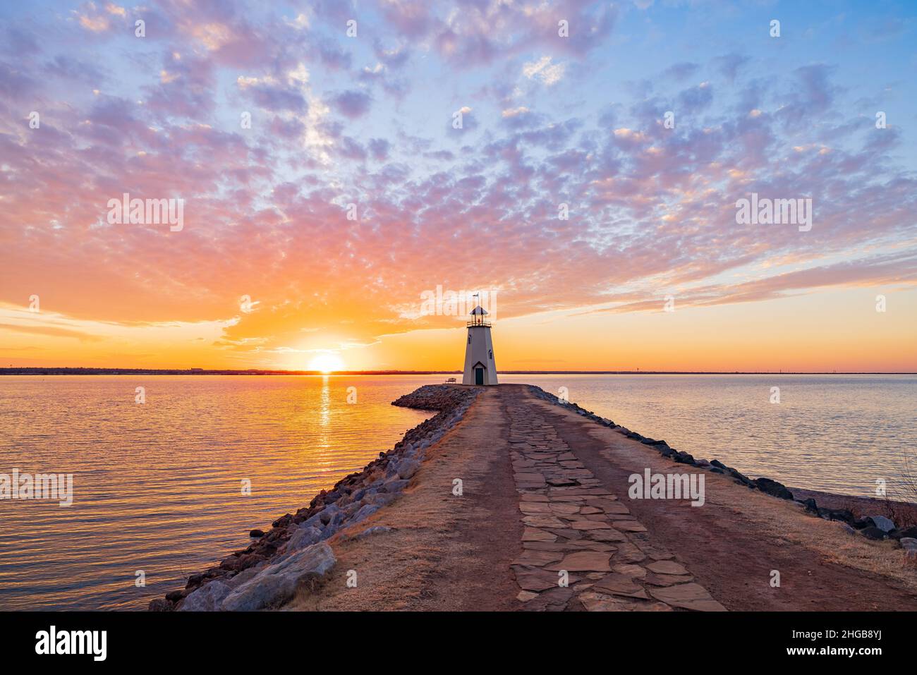 Sunset beautiful landscape of the Lake Hefner lighthouse at Oklahoma ...