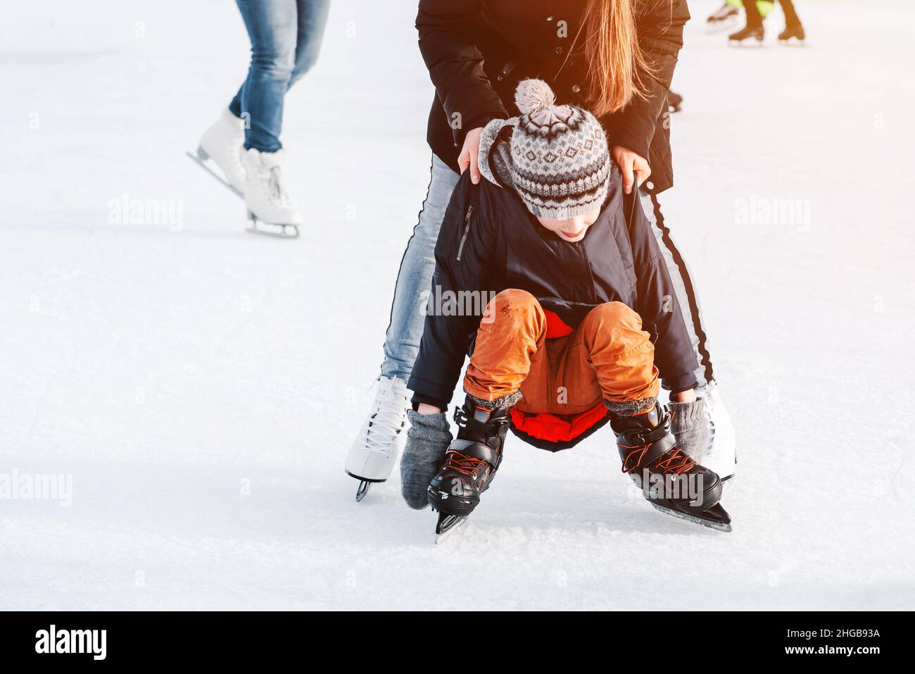 Soft,Selective focus.Mom with baby boy 6 years old, learn train, ride ...