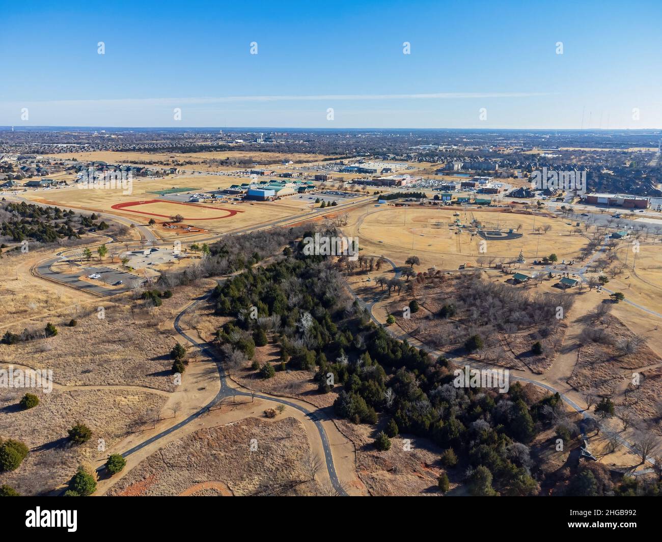 Aerial view of the cityscape around Mitch Park at Edmond, Oklahoma ...