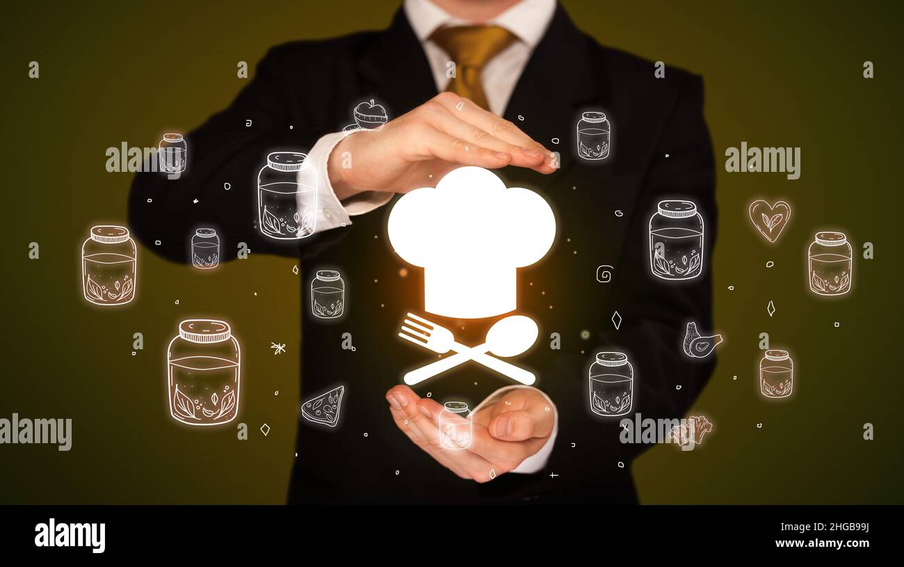 Hand holding food related icons Stock Photo - Alamy