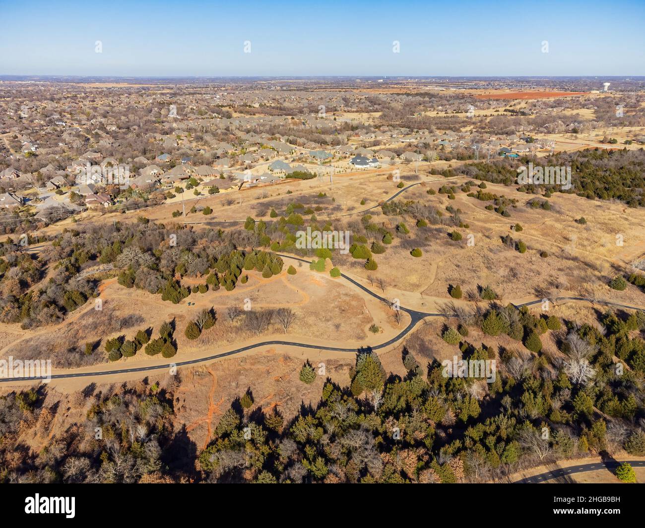 Aerial view of the cityscape around Mitch Park at Edmond, Oklahoma ...