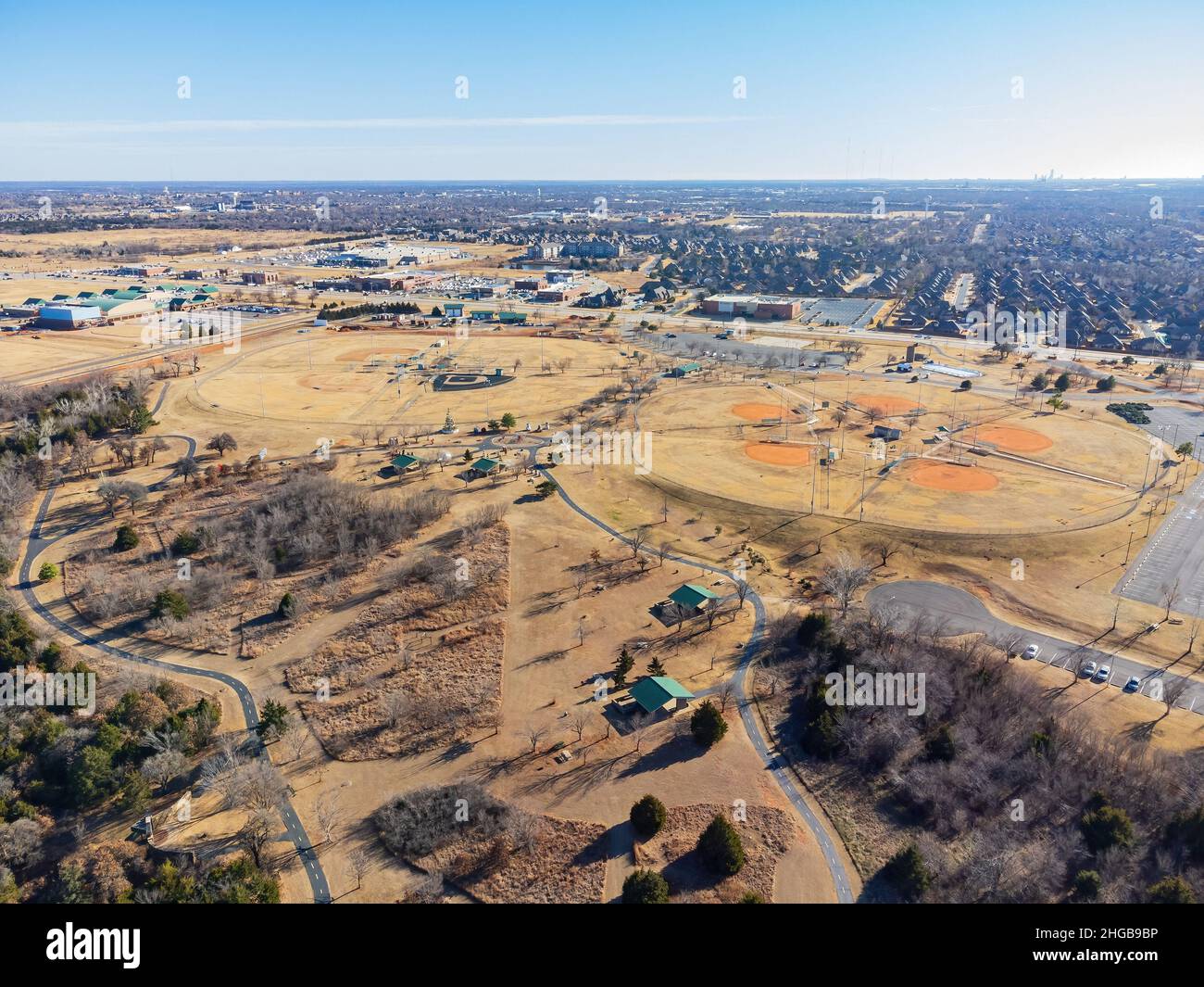 Aerial view of the baseball field around Mitch Park at Edmond, Oklahoma ...