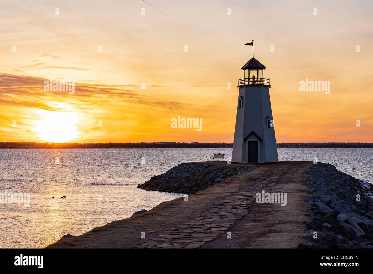 Sunset beautiful landscape of the Lake Hefner lighthouse at Oklahoma ...