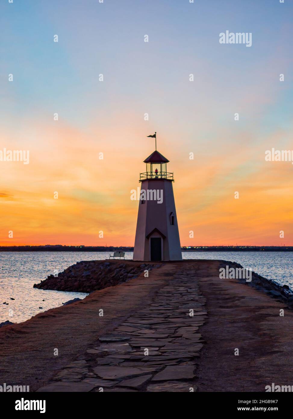 Sunset beautiful landscape of the Lake Hefner lighthouse at Oklahoma ...