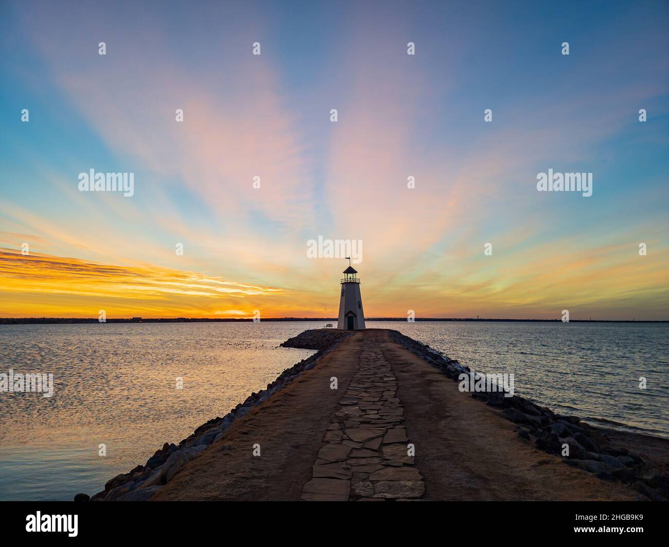 Sunset beautiful landscape of the Lake Hefner lighthouse at Oklahoma ...