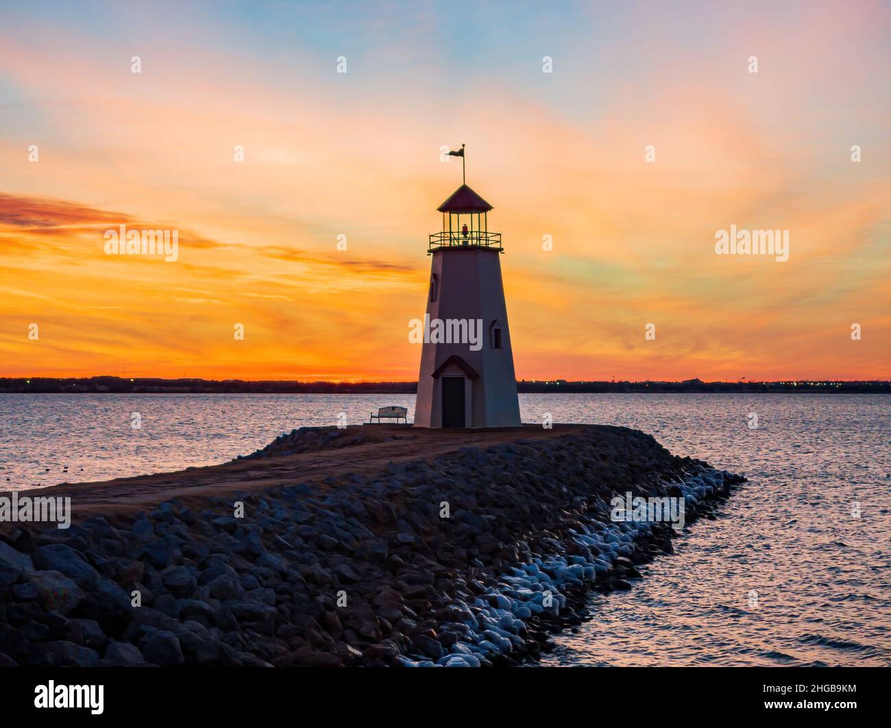 Sunset beautiful landscape of the Lake Hefner lighthouse at Oklahoma ...