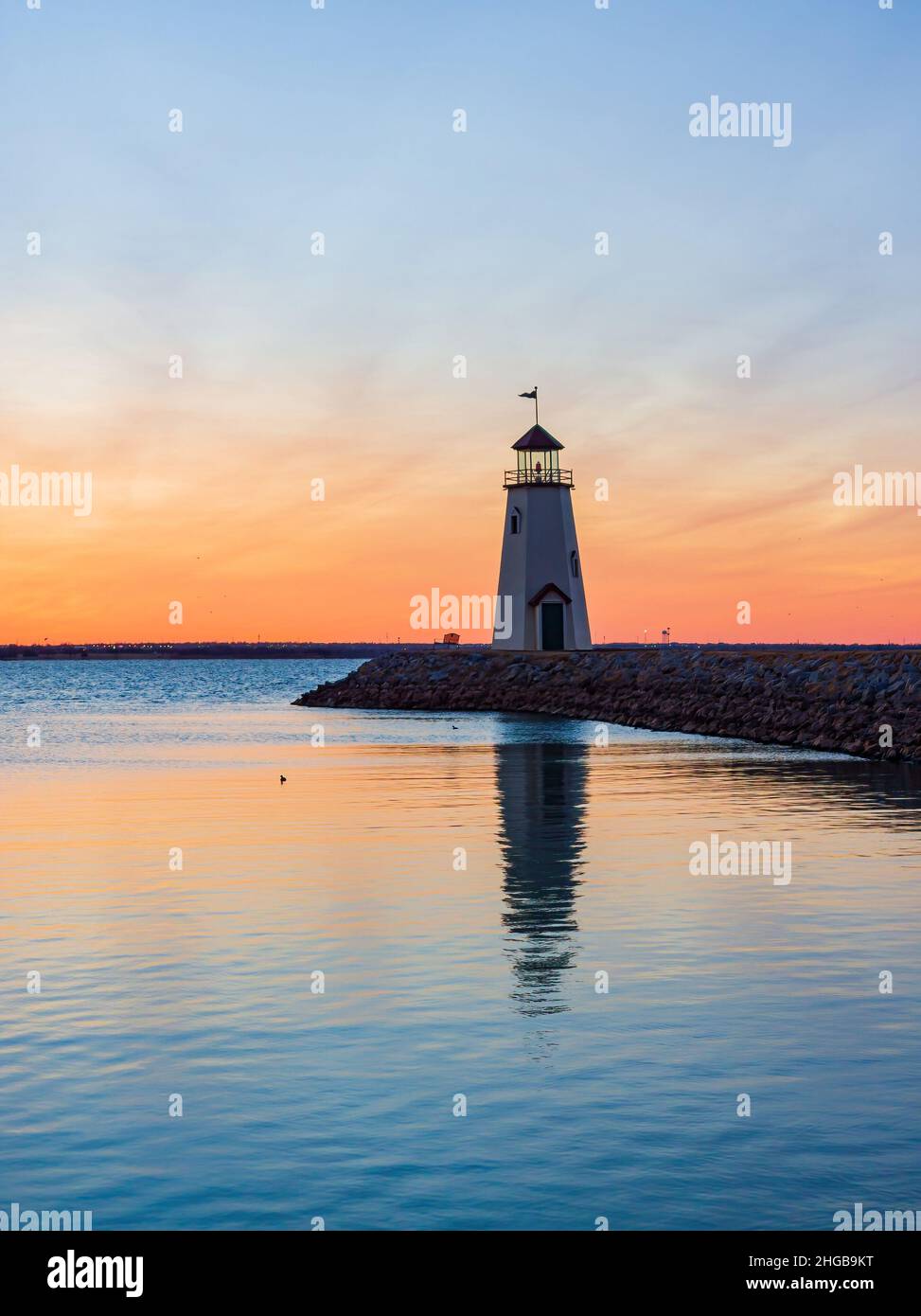 Sunset beautiful landscape of the Lake Hefner lighthouse at Oklahoma ...