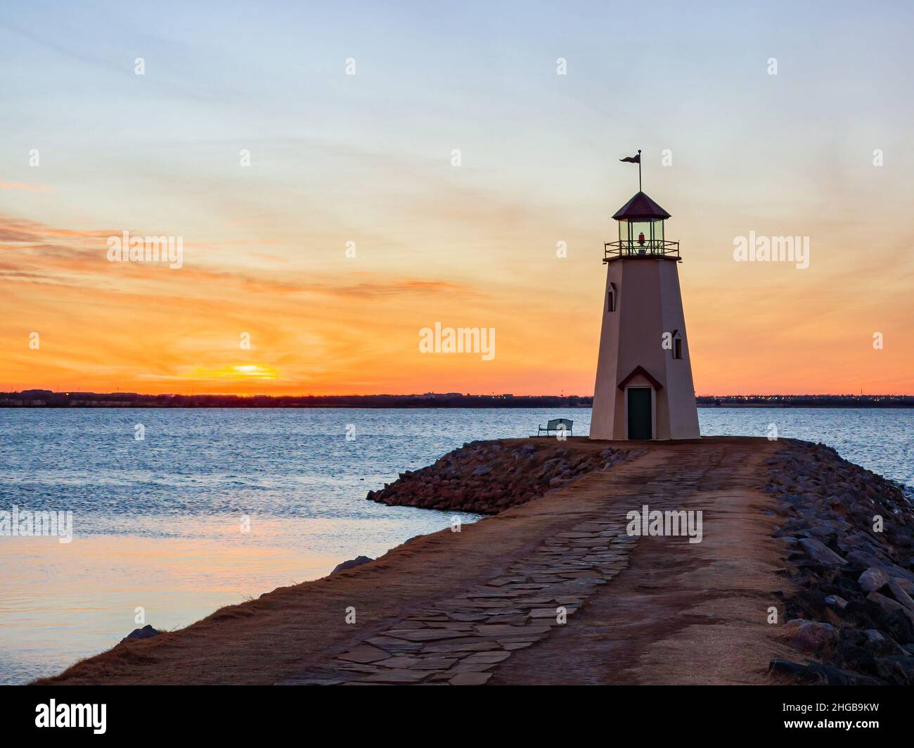 Sunset beautiful landscape of the Lake Hefner lighthouse at Oklahoma ...