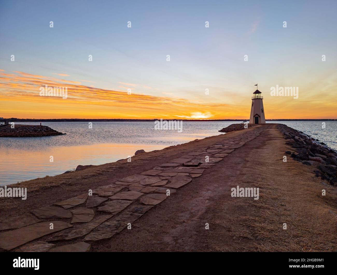 Sunset beautiful landscape of the Lake Hefner lighthouse at Oklahoma ...