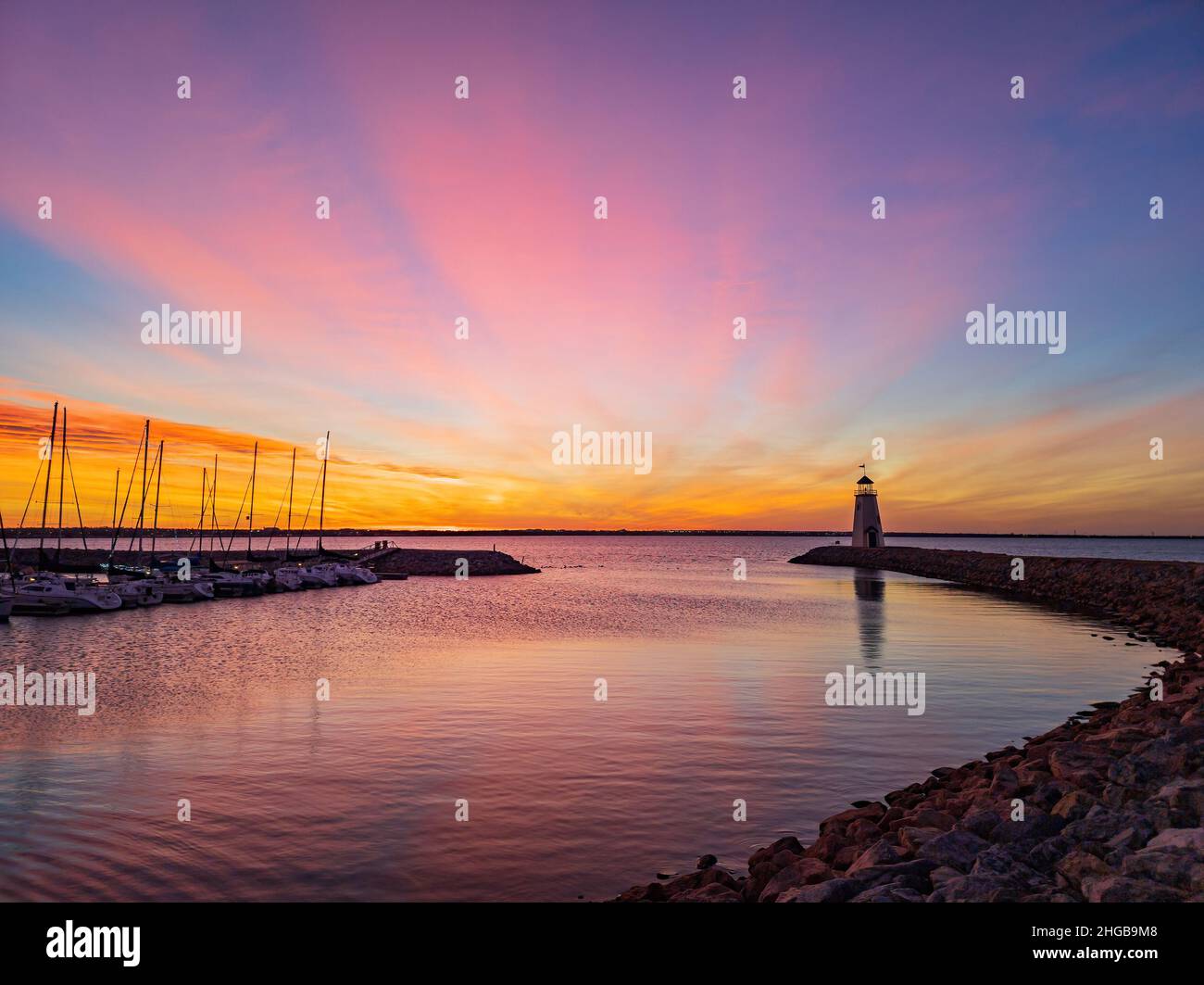 Sunset beautiful landscape of the Lake Hefner lighthouse at Oklahoma ...