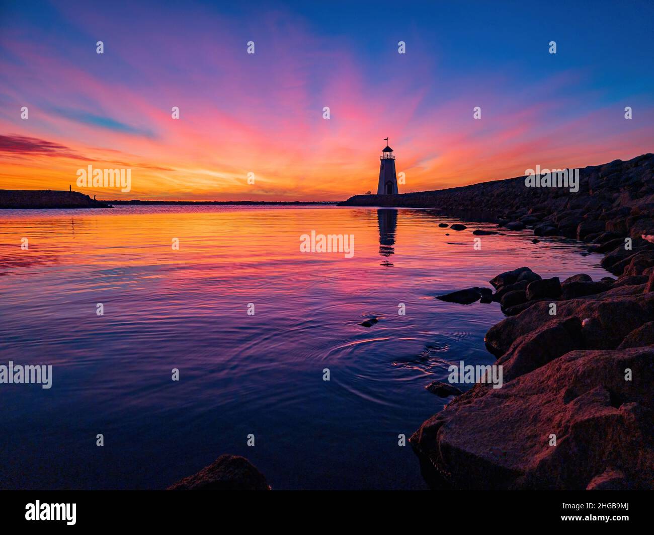 Sunset beautiful landscape of the Lake Hefner lighthouse at Oklahoma ...