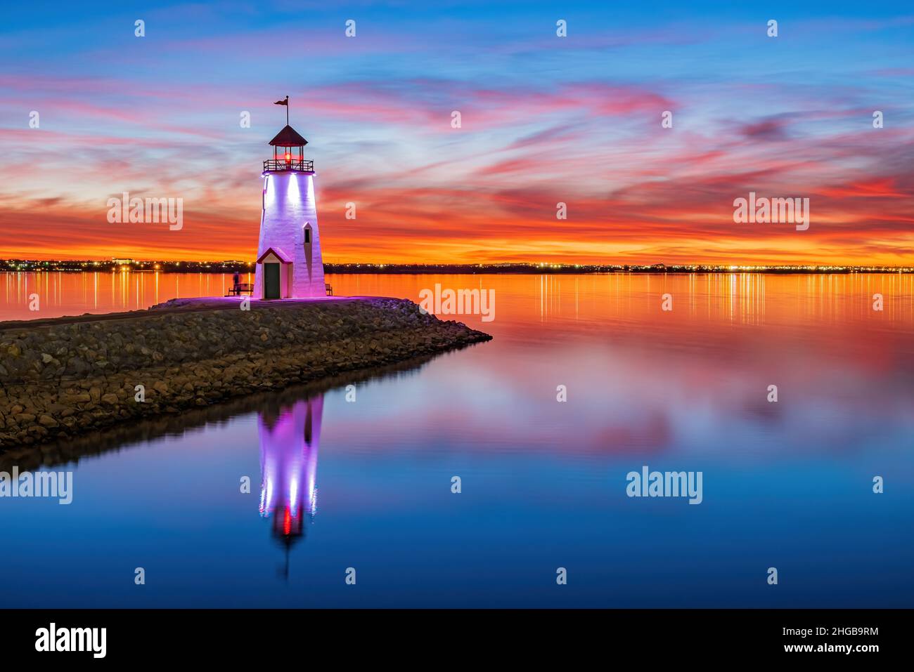 Sunset beautiful landscape of the Lake Hefner lighthouse at Oklahoma ...