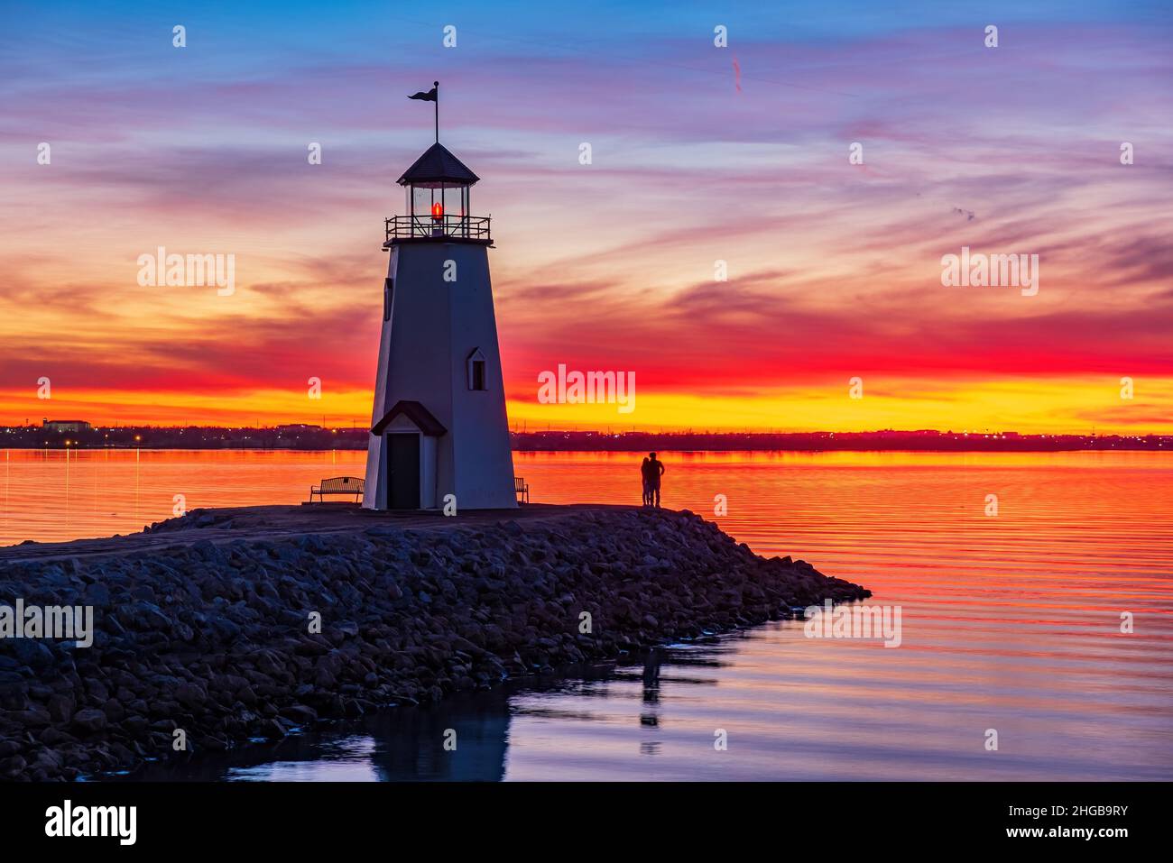 Sunset beautiful landscape of the Lake Hefner lighthouse at Oklahoma ...