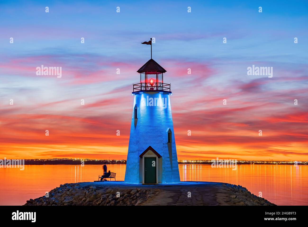 Sunset beautiful landscape of the Lake Hefner lighthouse at Oklahoma ...