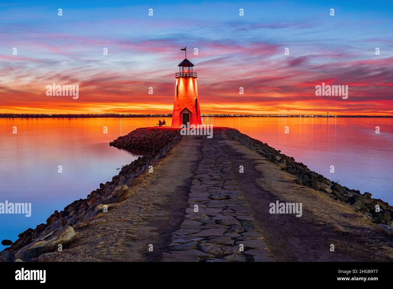Sunset beautiful landscape of the Lake Hefner lighthouse at Oklahoma ...