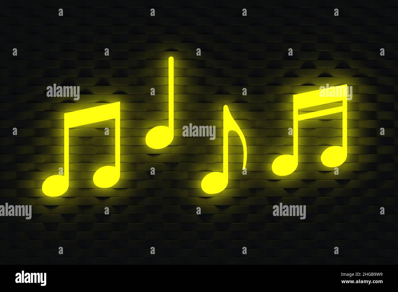 Set of glowing musical notes on dark wall. Advertising of a music ...