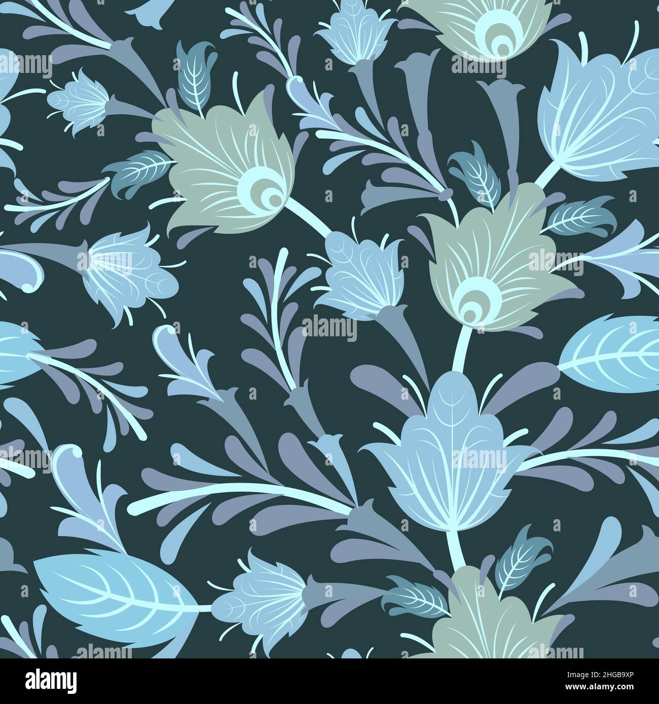 Blue vegetable seamless pattern. Cool ornament. Interlacing of branches ...