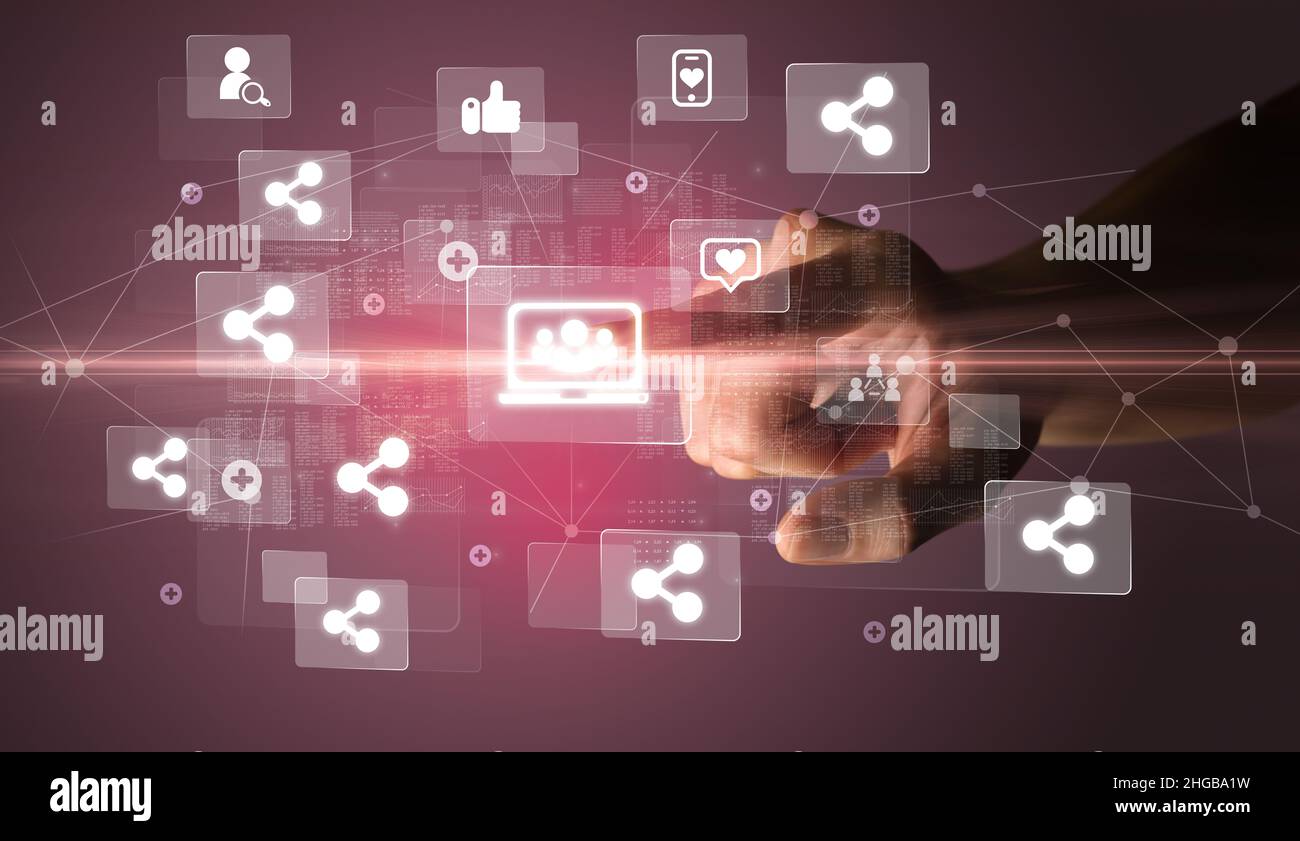 Hand pressing social media multimedia application screen with media ...