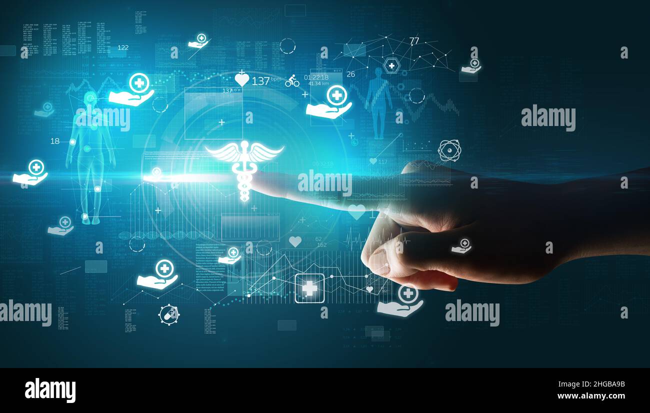 Doctor hand pressing futuristic health device with medical symbol on ...