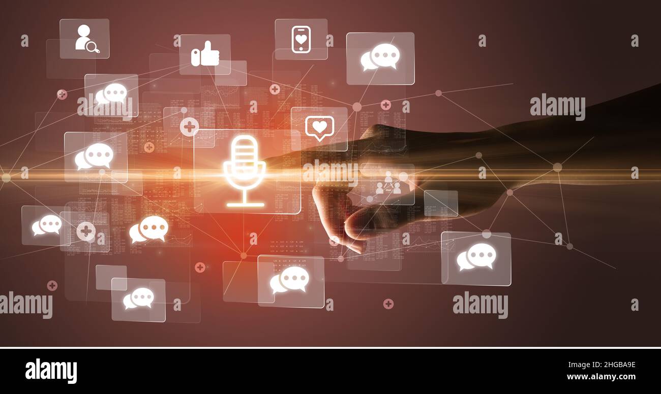 Hand pressing social media multimedia application screen with media ...