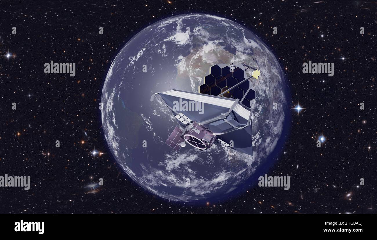 James Webb telescope in outer space on orbit of Earth. Planet surface ...
