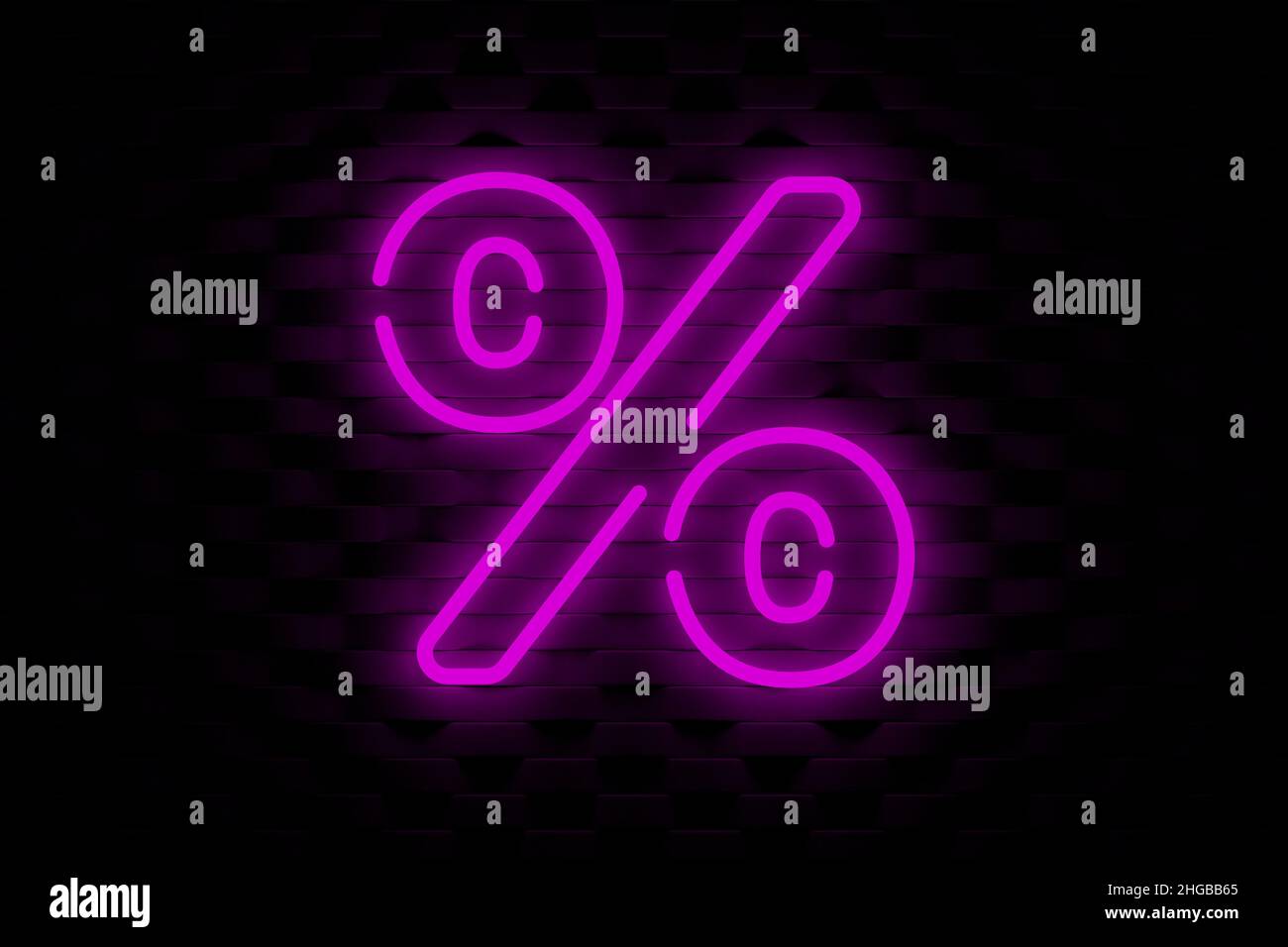 Glowing symbol of percent of violet color on dark wall. 3d render Stock ...