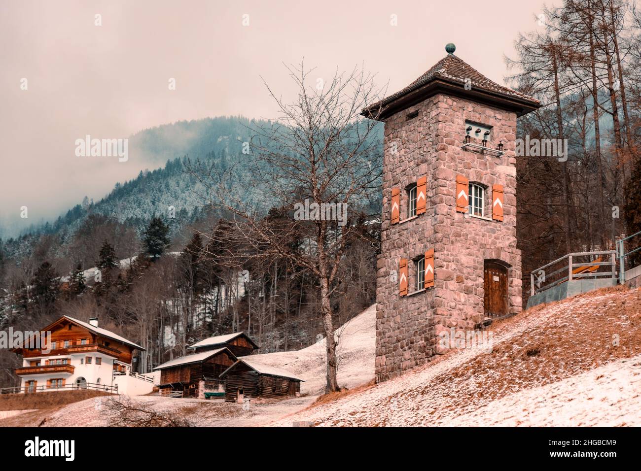 A view of village wooden cottage with tower house , Landscape ...
