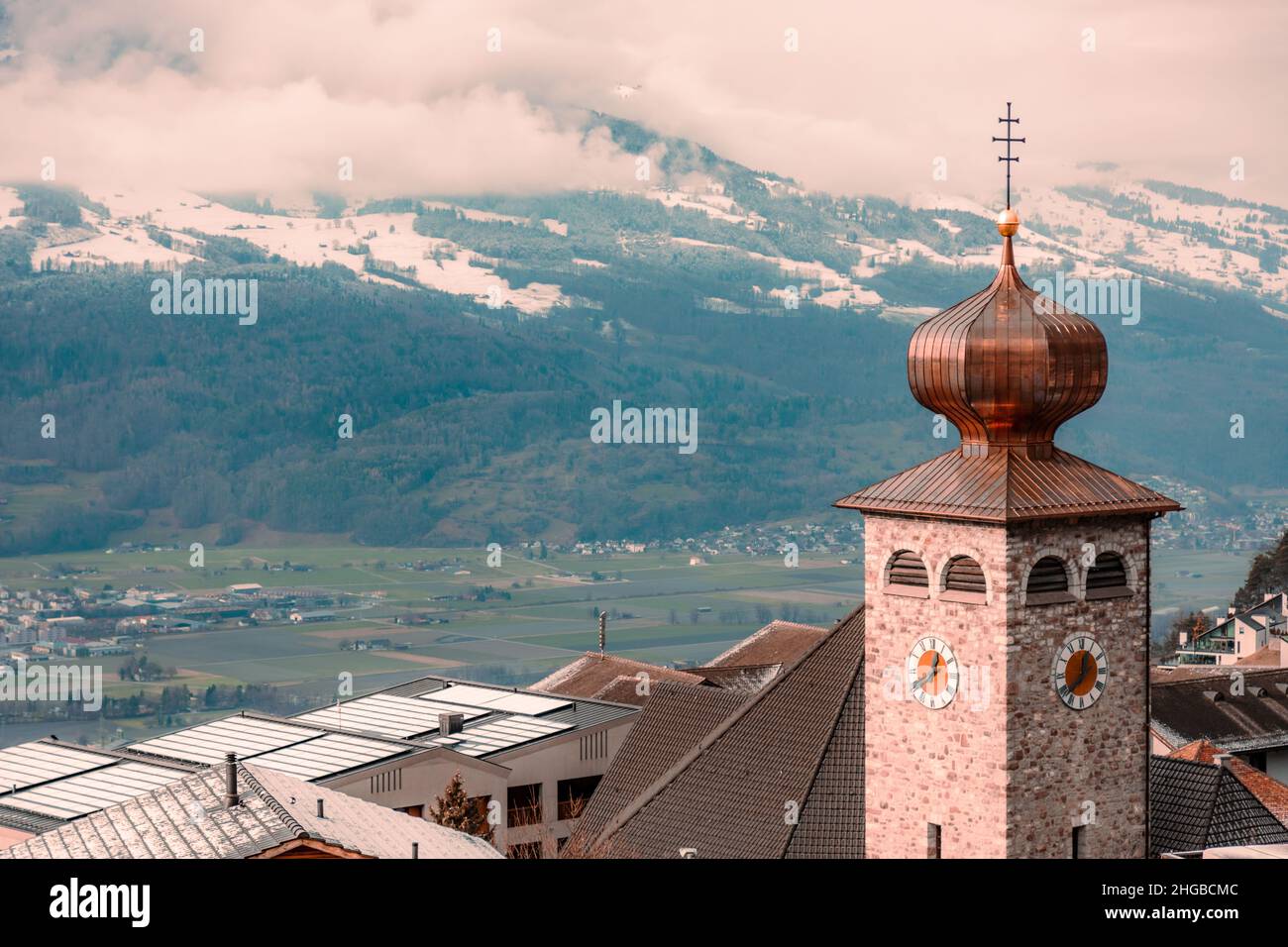 A view of village wooden cottage with tower house , Landscape ...
